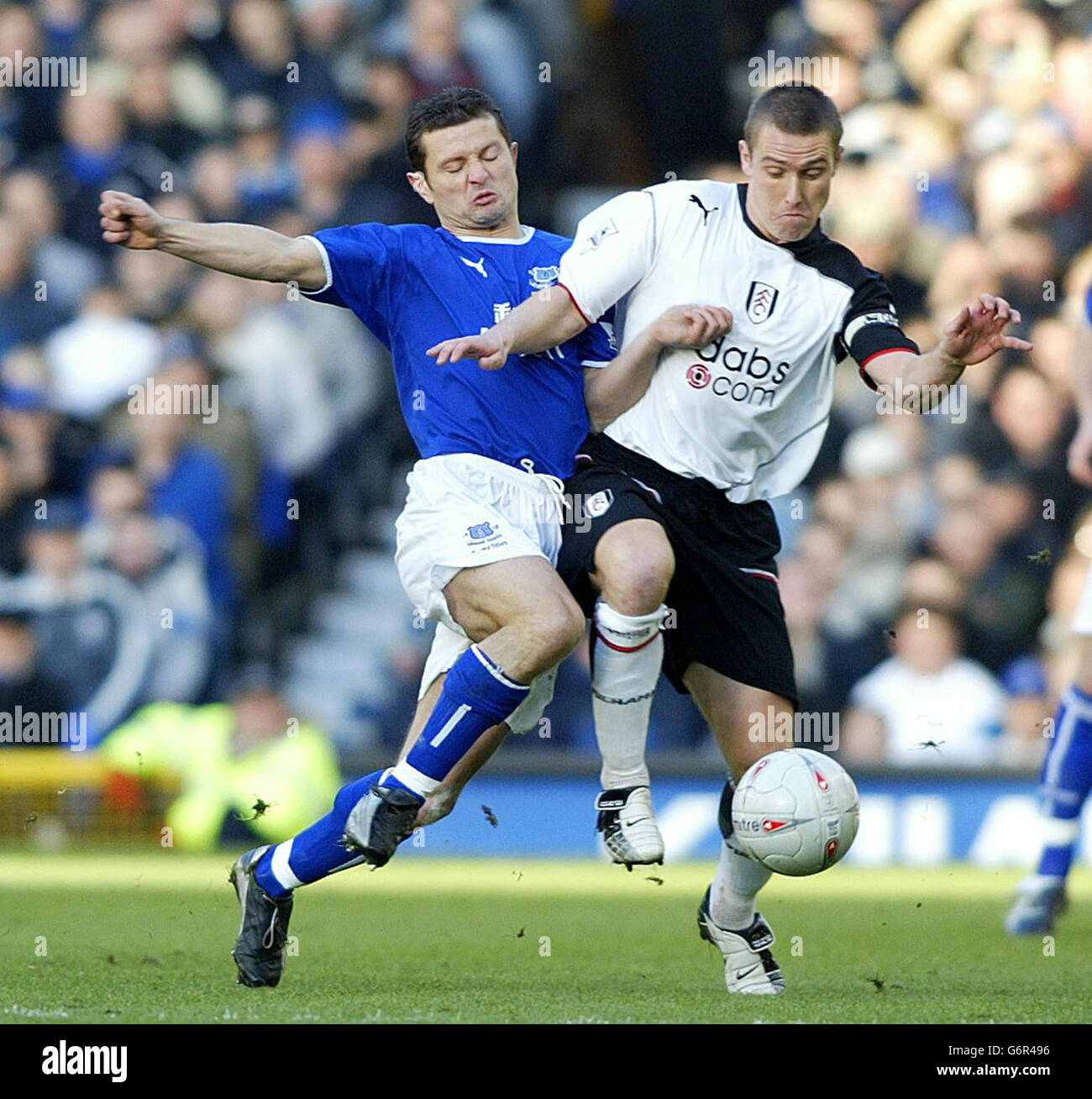 Everton's Tomasz Radzinski battles with Fulham's Lee Clark, during ...