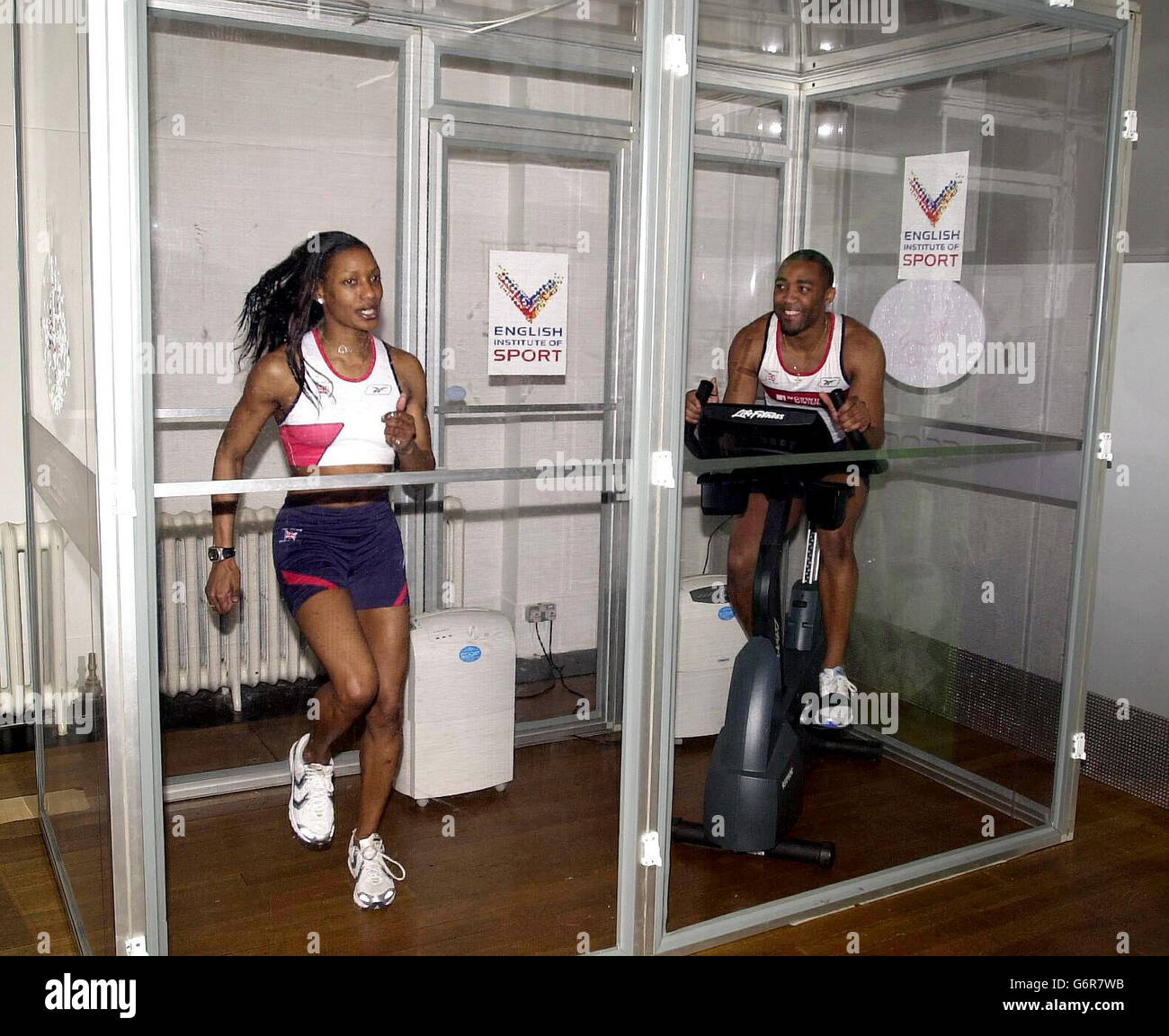 Athlete's Joice Maduaka and Darren Campbell work out in a 'hot box' at ...
