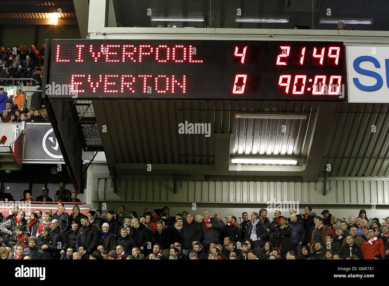 General view of the scoreboard reading 4-0 to Liverpool at the 90 ...