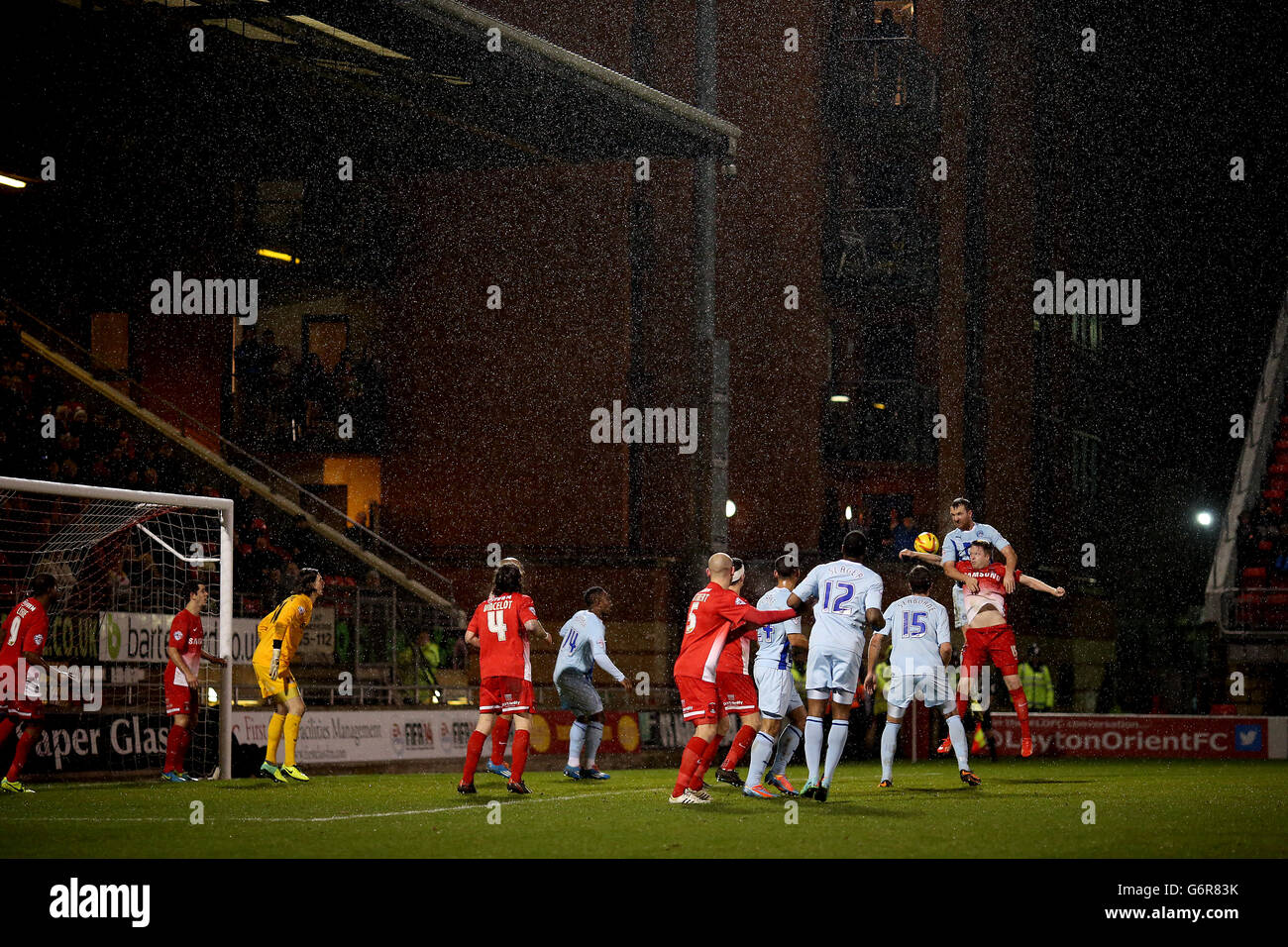 A general view of the action during heavy rain at Brisbane Road Stadium ...