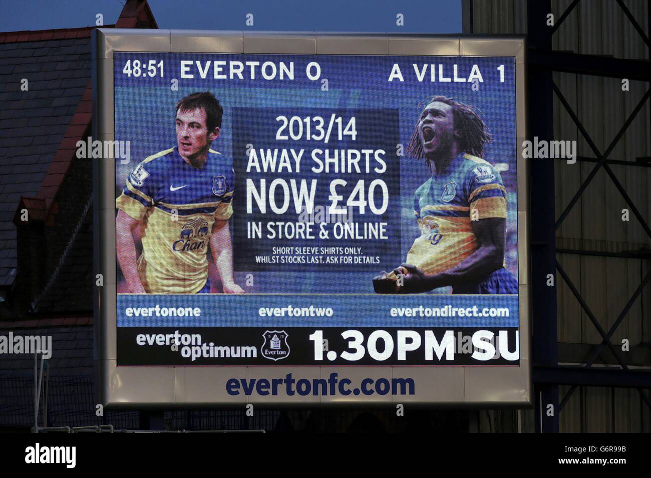 Everton merchandise advertising on the giant screen at half time Stock ...