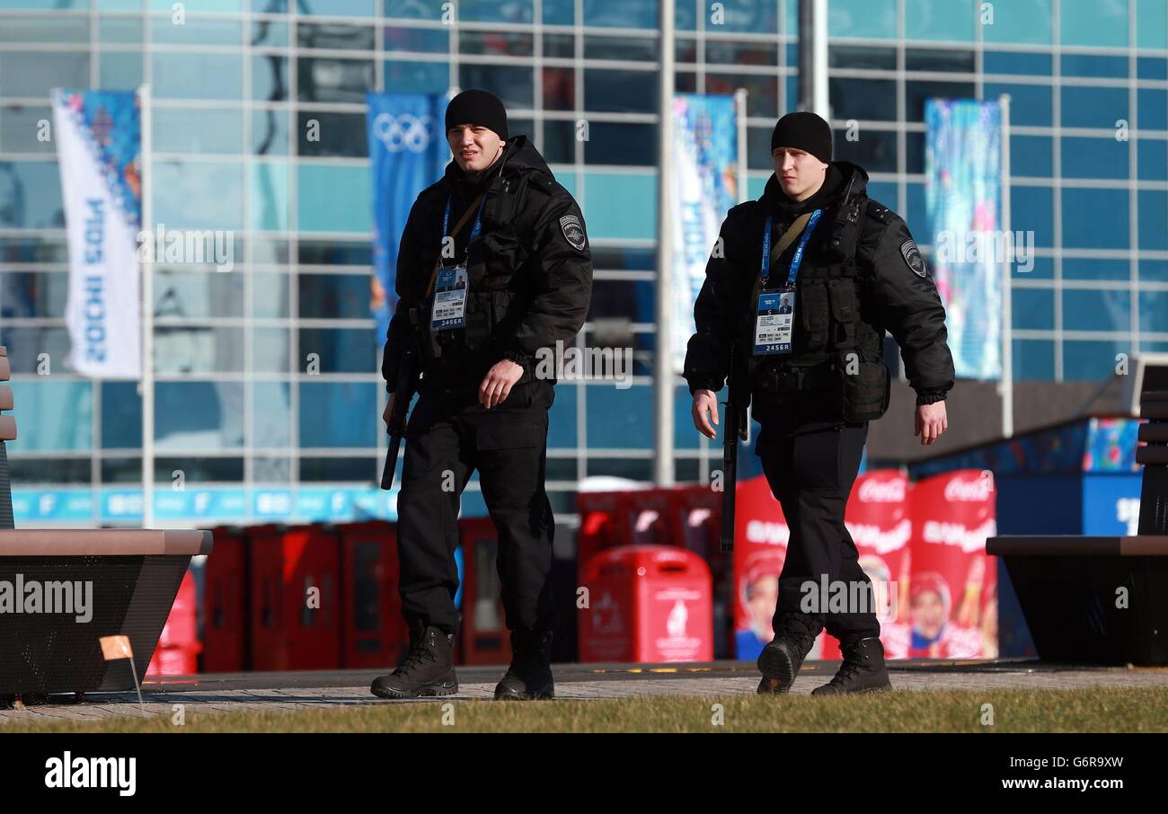 Security guards patrol the Olympic Park in Sochi, Russia, ahead of the ...