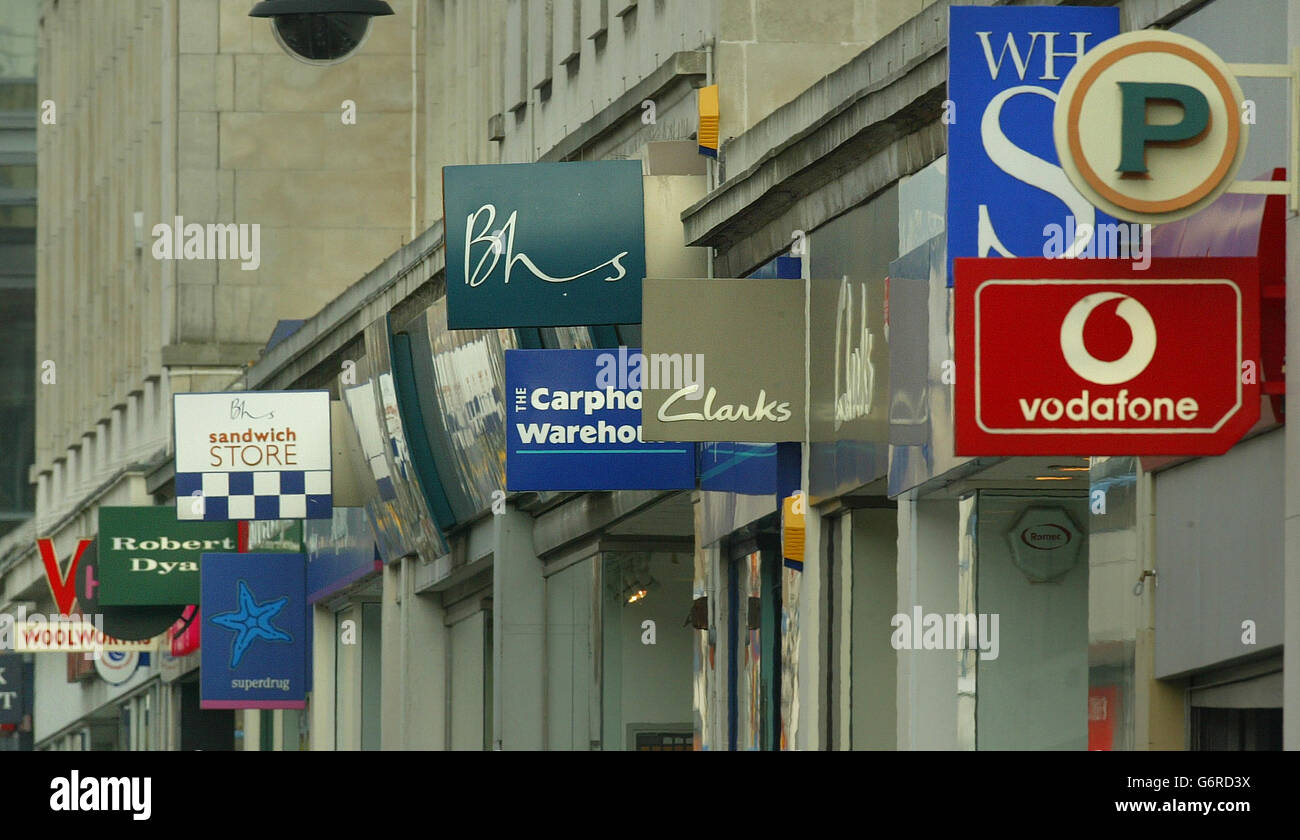 A general view of shop signs on the high street Stock Photo - Alamy