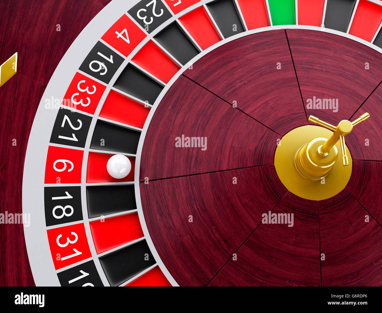 3d renderer image. Casino roulette wheel with ball on number 6 ...