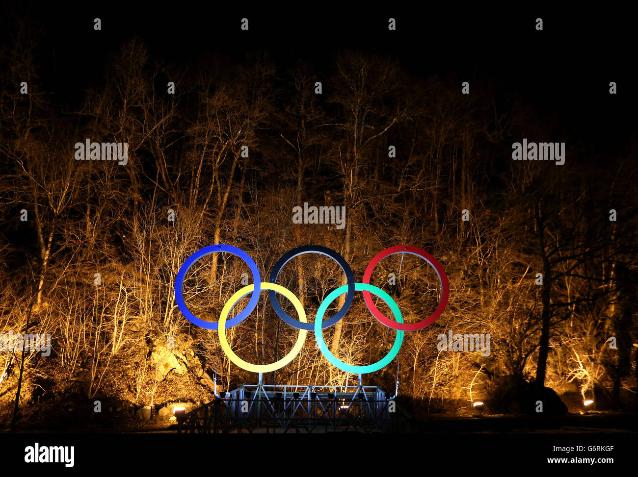 The Olympic rings are lit up at the Rosa Khutor Alpine Resort ahead of ...