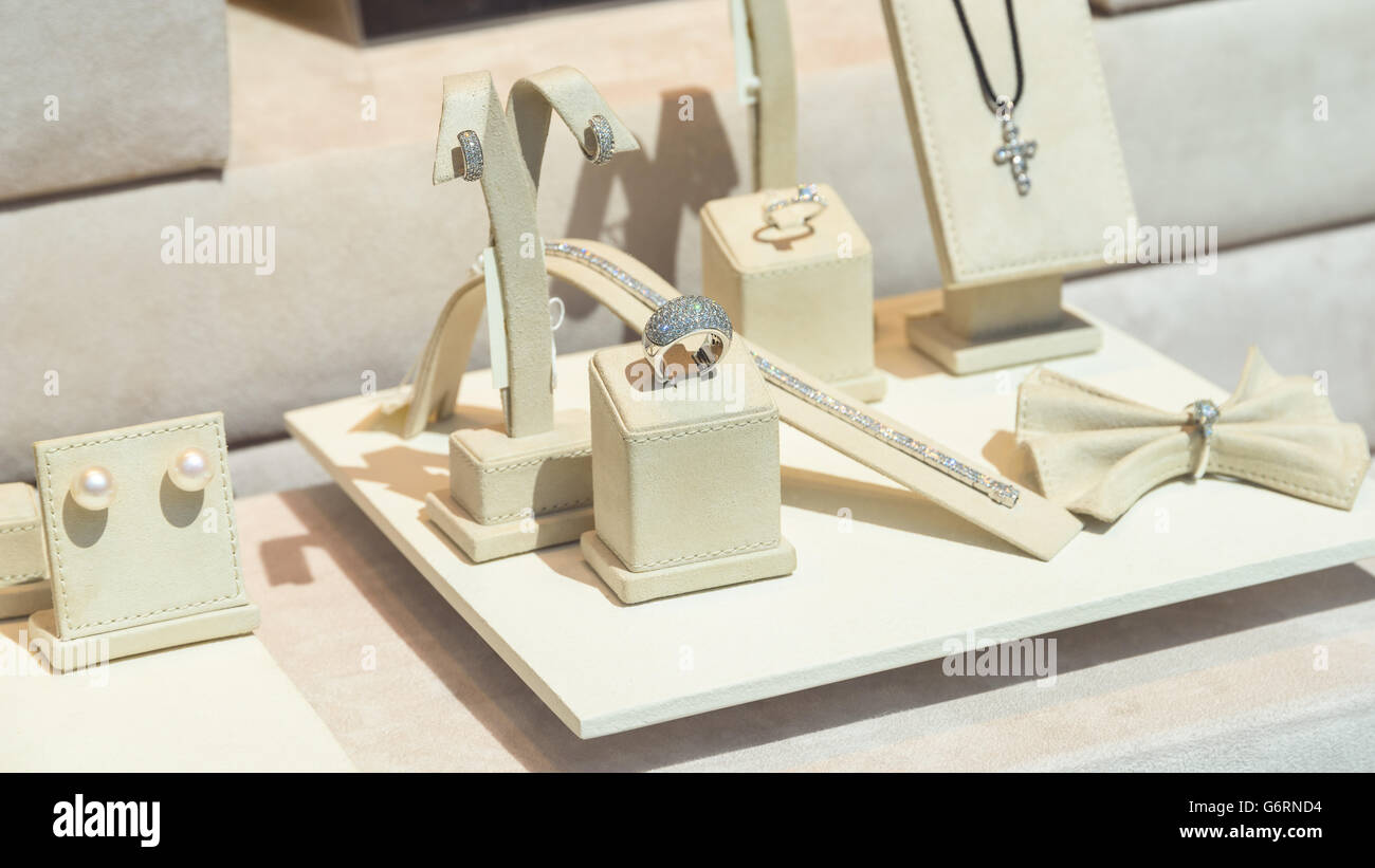 Jewelries In Jewelry Fashion Store Window Display Stock Photo - Alamy