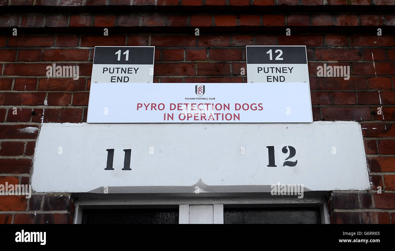 A sign warns away fans that Pyro Detection Dogs are in operation at the ...