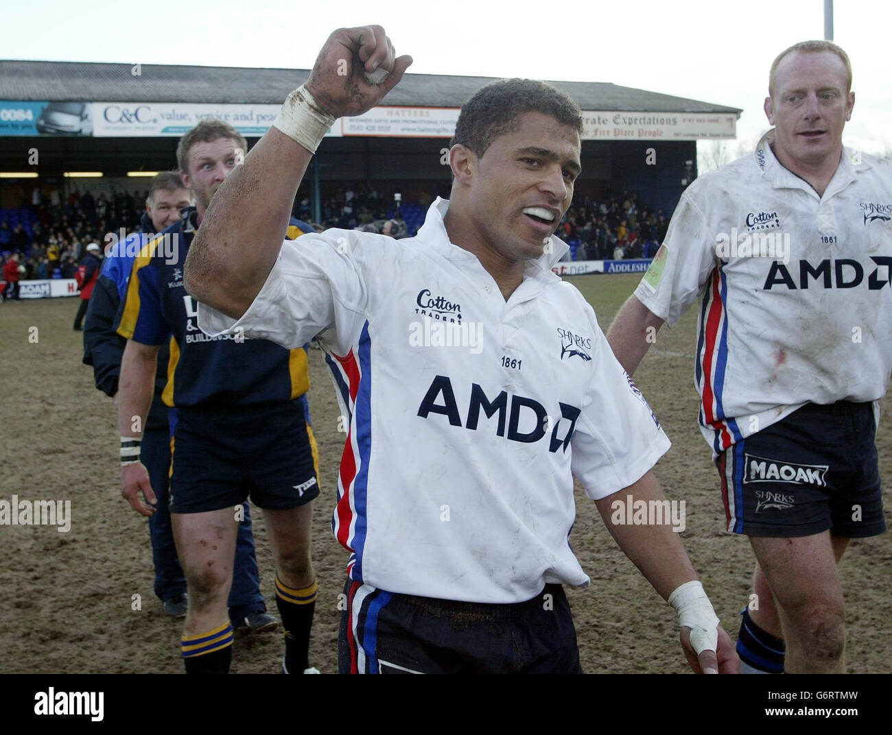 Jason Robinson of Sale Sharks celebrates thier 33-20 victory over Leeds ...