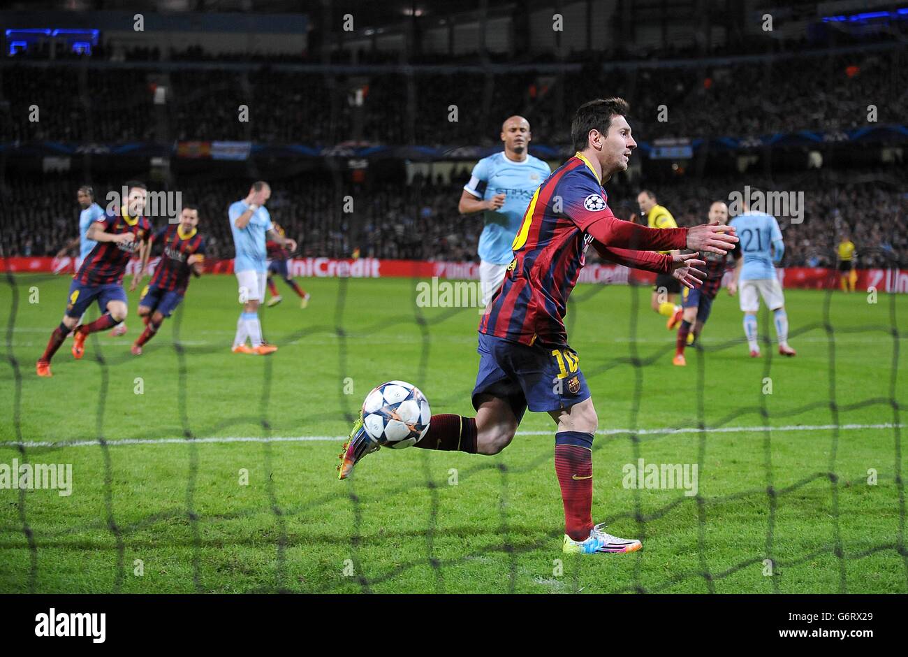 Barcelona's Lionel Messi celebrates scoring his side's first goal of ...