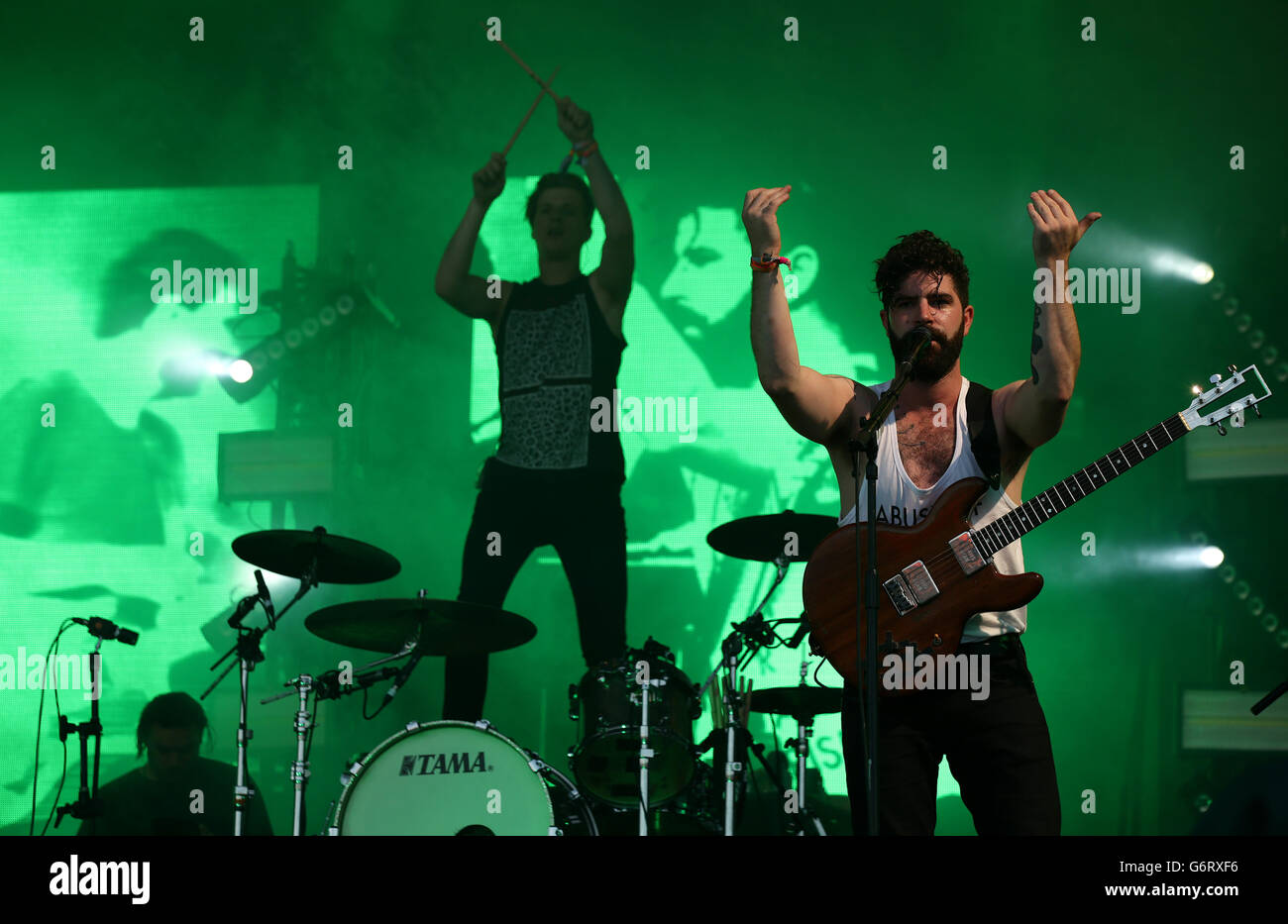 Yannis Philippakis of Foals performing on the Pyramid Stage at the ...