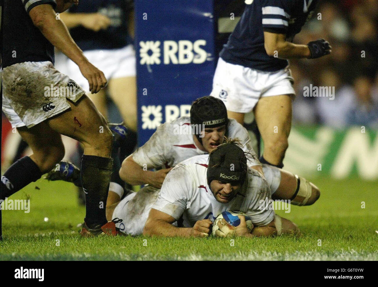 Danny Grewcock goes over to score England's fourth try during their 35 ...