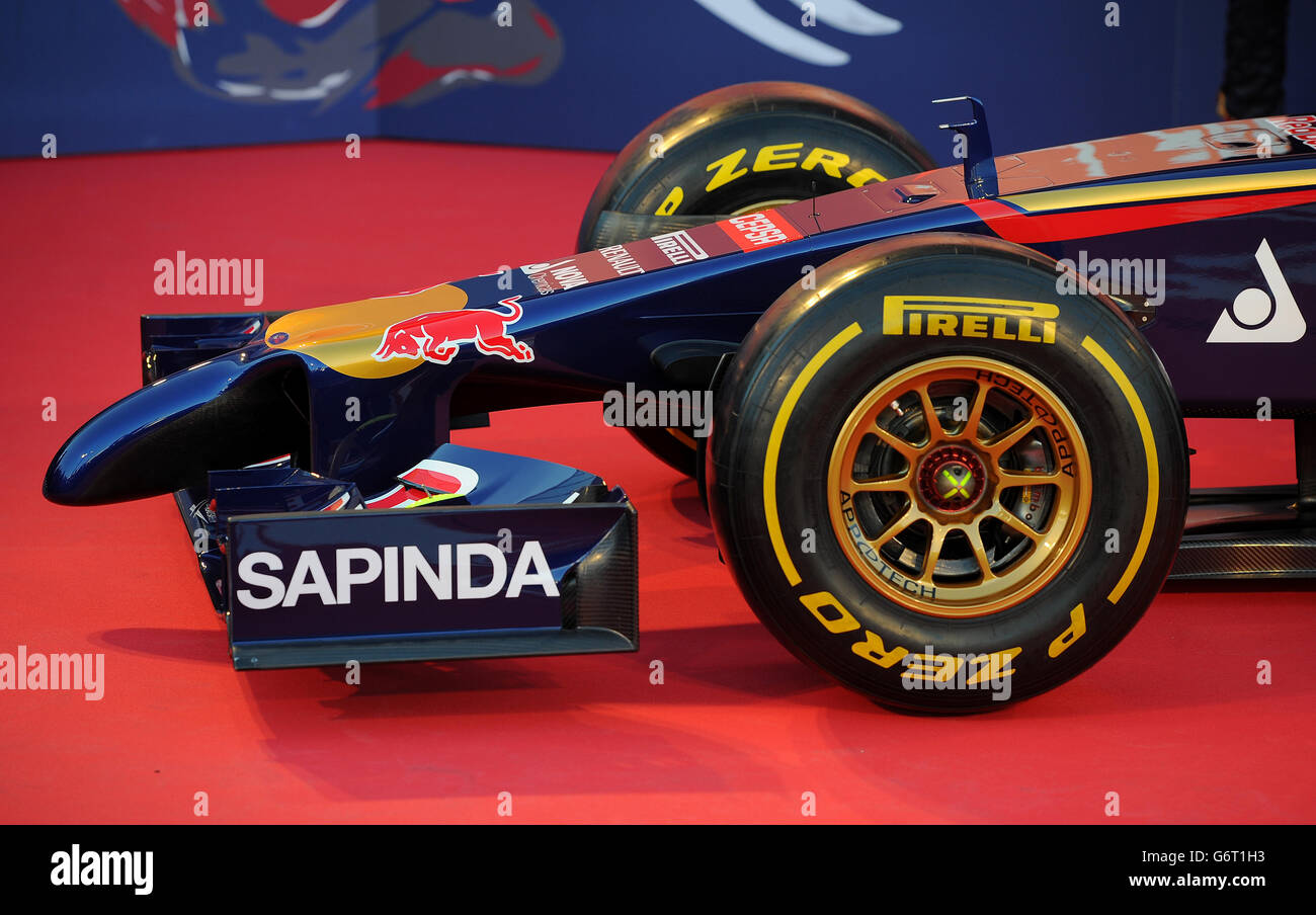 The nose cone and front wheel of the Toro Rosso STR-9 Formula 1 car, at ...