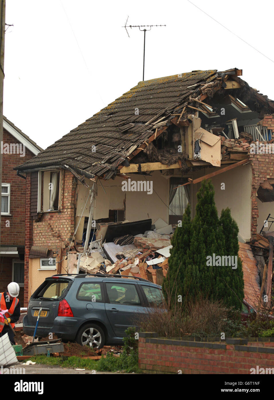 A view of the scene where an explosion flattened two houses and badly ...