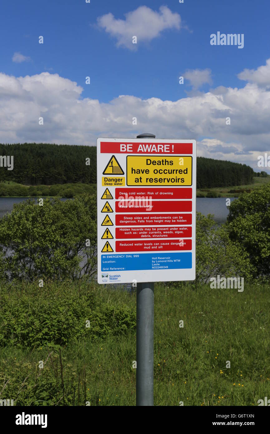 Warning sign by Holl Reservoir Lomond Hills Regional Park Fife Scotland ...