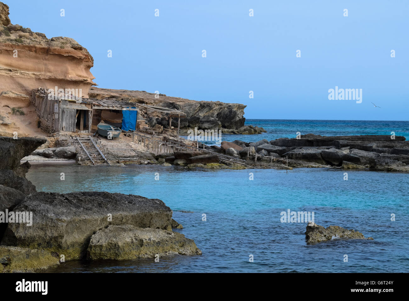 Boat shed at Calo des Mort, Formentera Stock Photo - Alamy