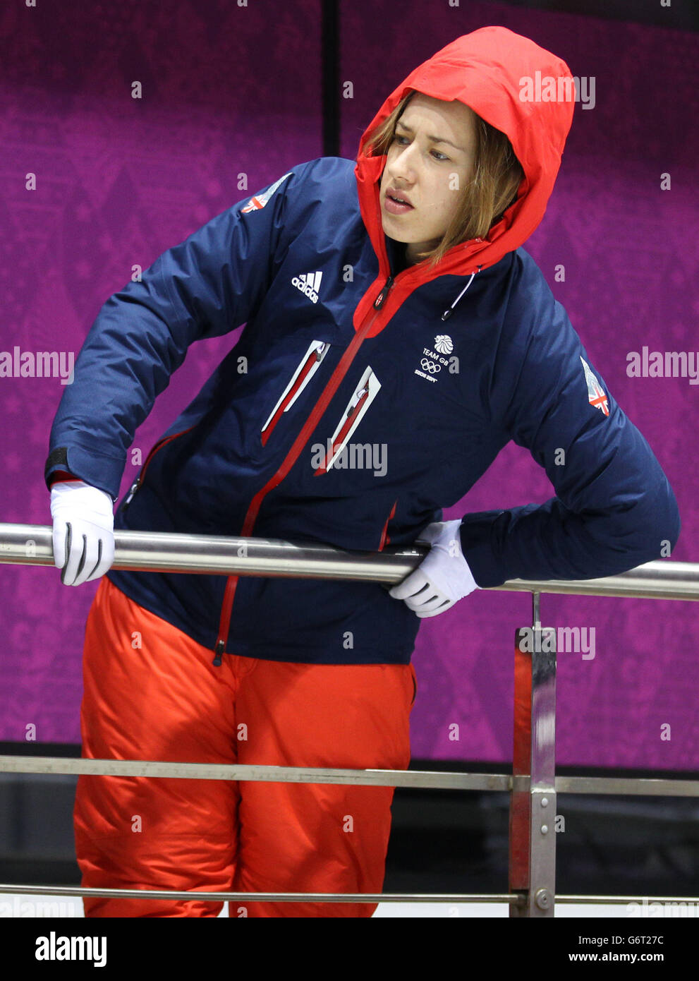 Great Britain's Lizzy Yarnold looks down the track prior a training run ...