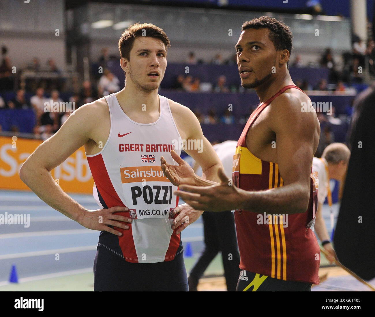 Andrew Pozzi (left) and William Sharman look at the scoreboard after a ...