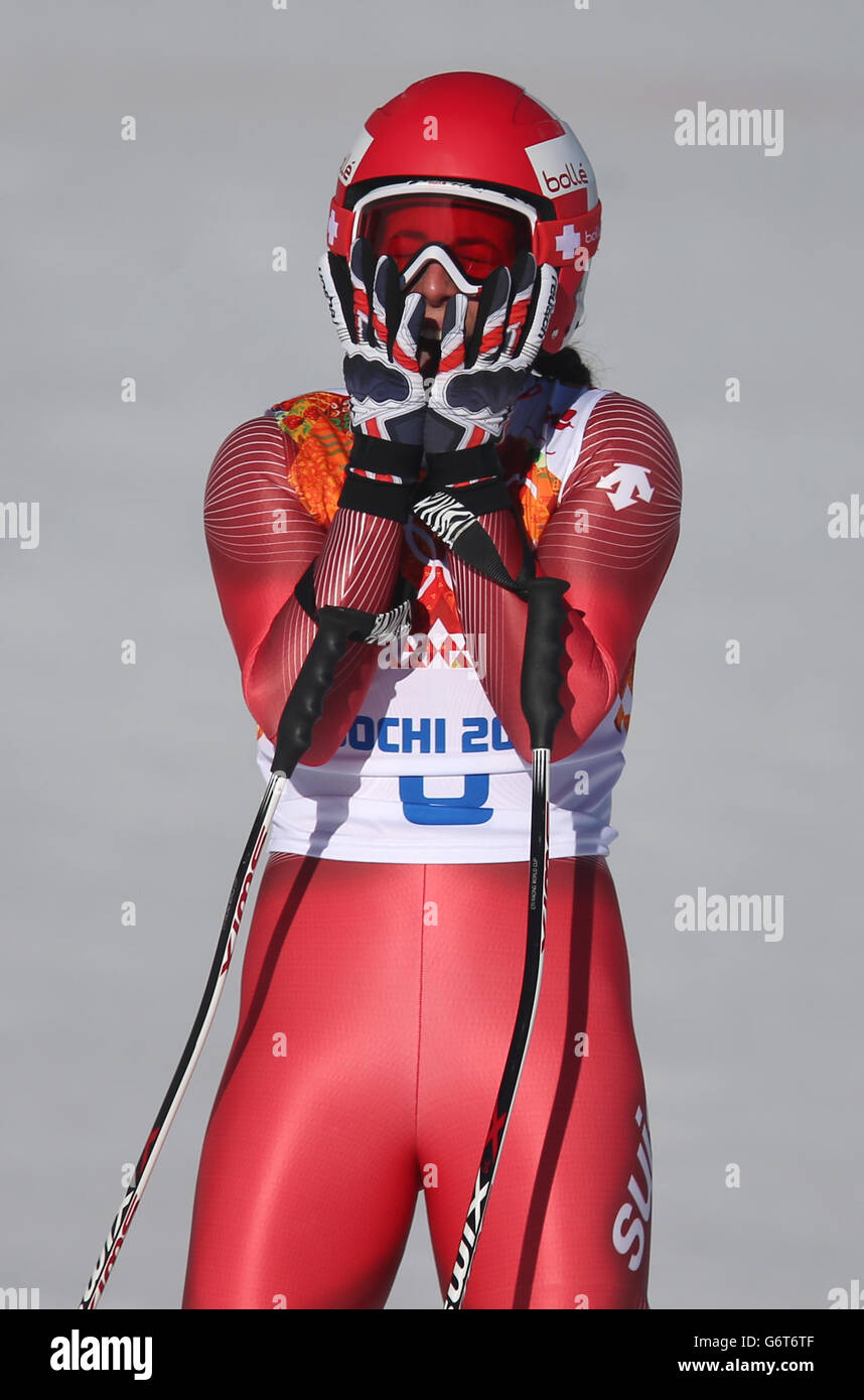 Joint winner Dominique Gisin celebrates after completing her run in the ...