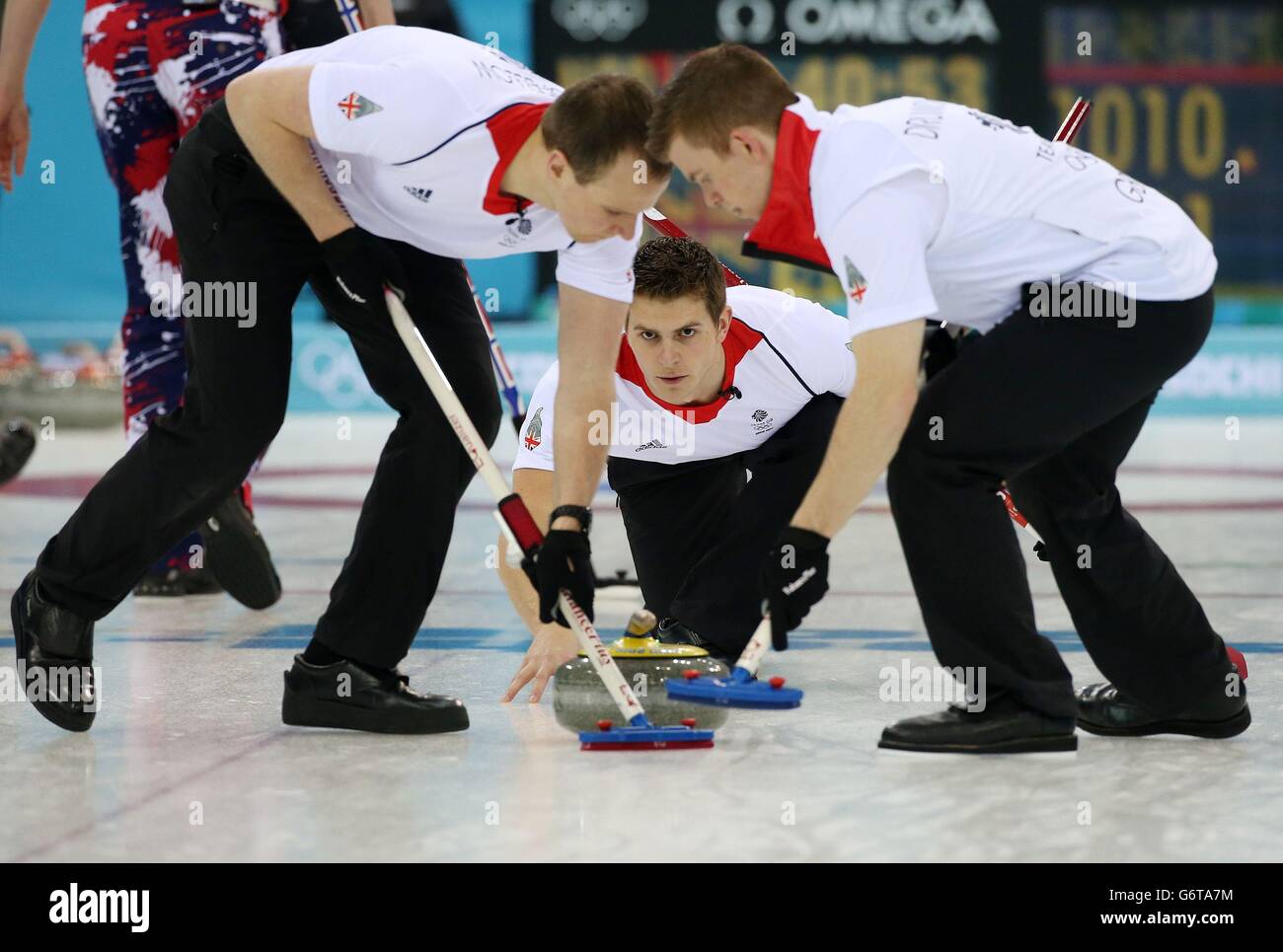 Great Britain's Scott Andrews (centre) in their Curling tie-breaker ...