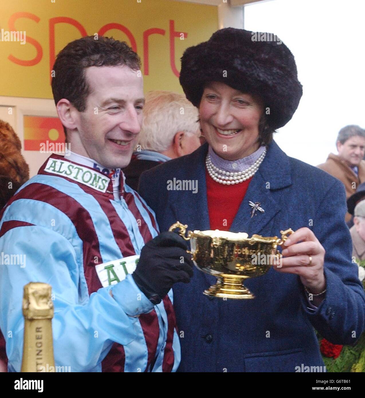 Jockey Jim Culloty and trainer Henrietta Knight with the Tote ...