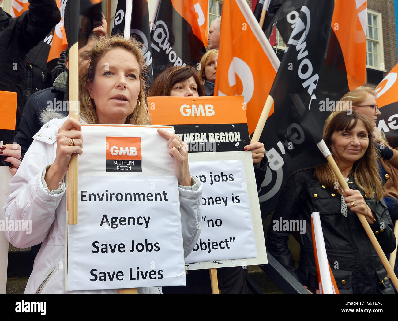 A group of GMB trade union members demonstrate outside the Friends ...