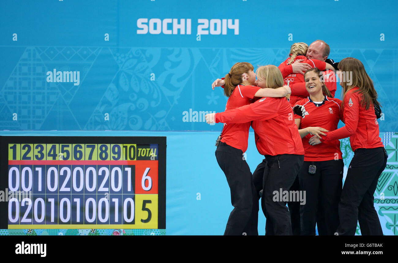 Great Britain's Claire Hamilton (left) hugs Rhona Howie as the team ...
