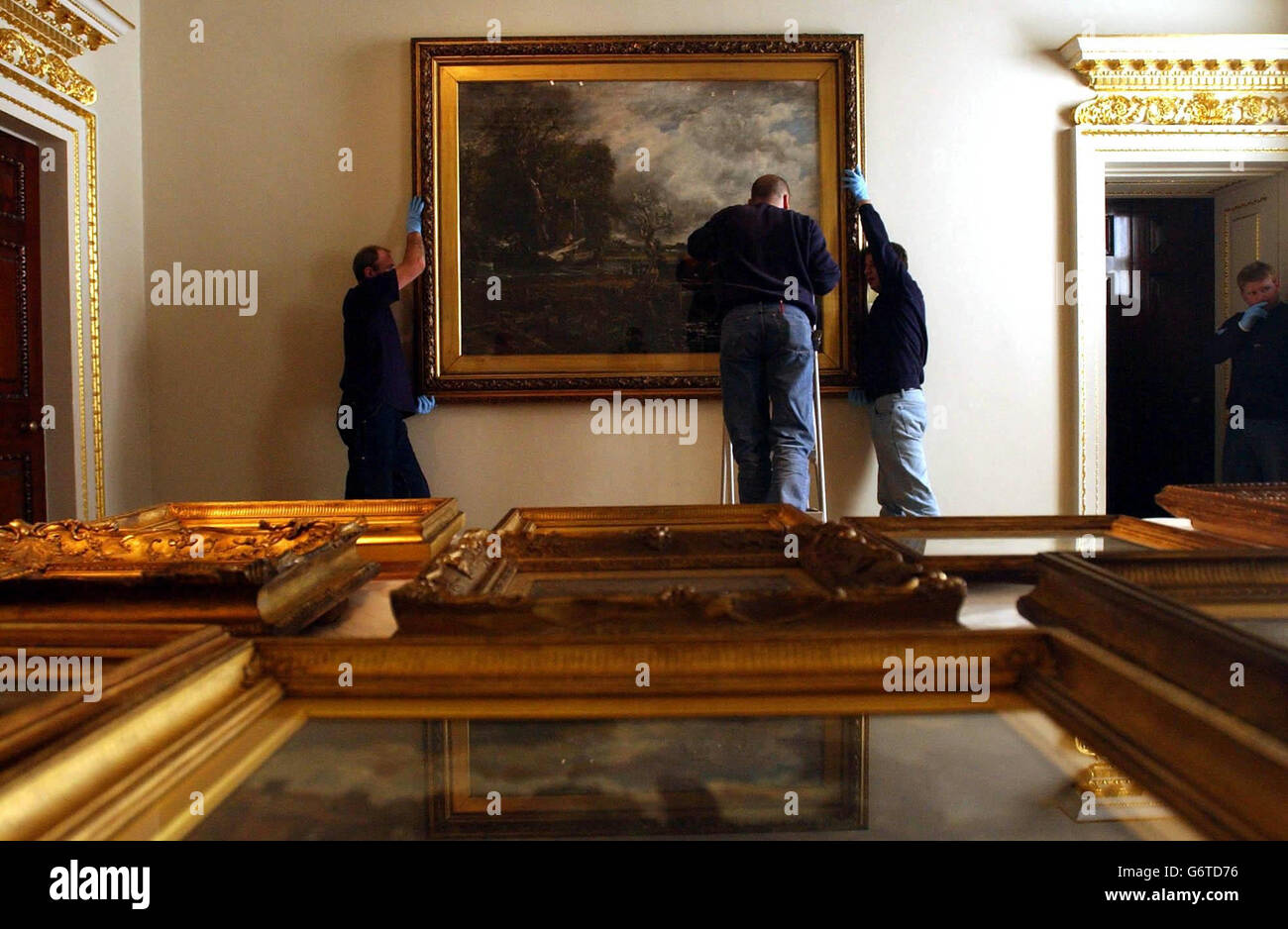 Employees from the Royal Academy of Arts hang Constable's 'The Leaping ...