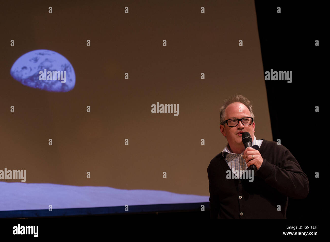 Robin Ince performing comedy on stage at the Stoke Newington Literary ...