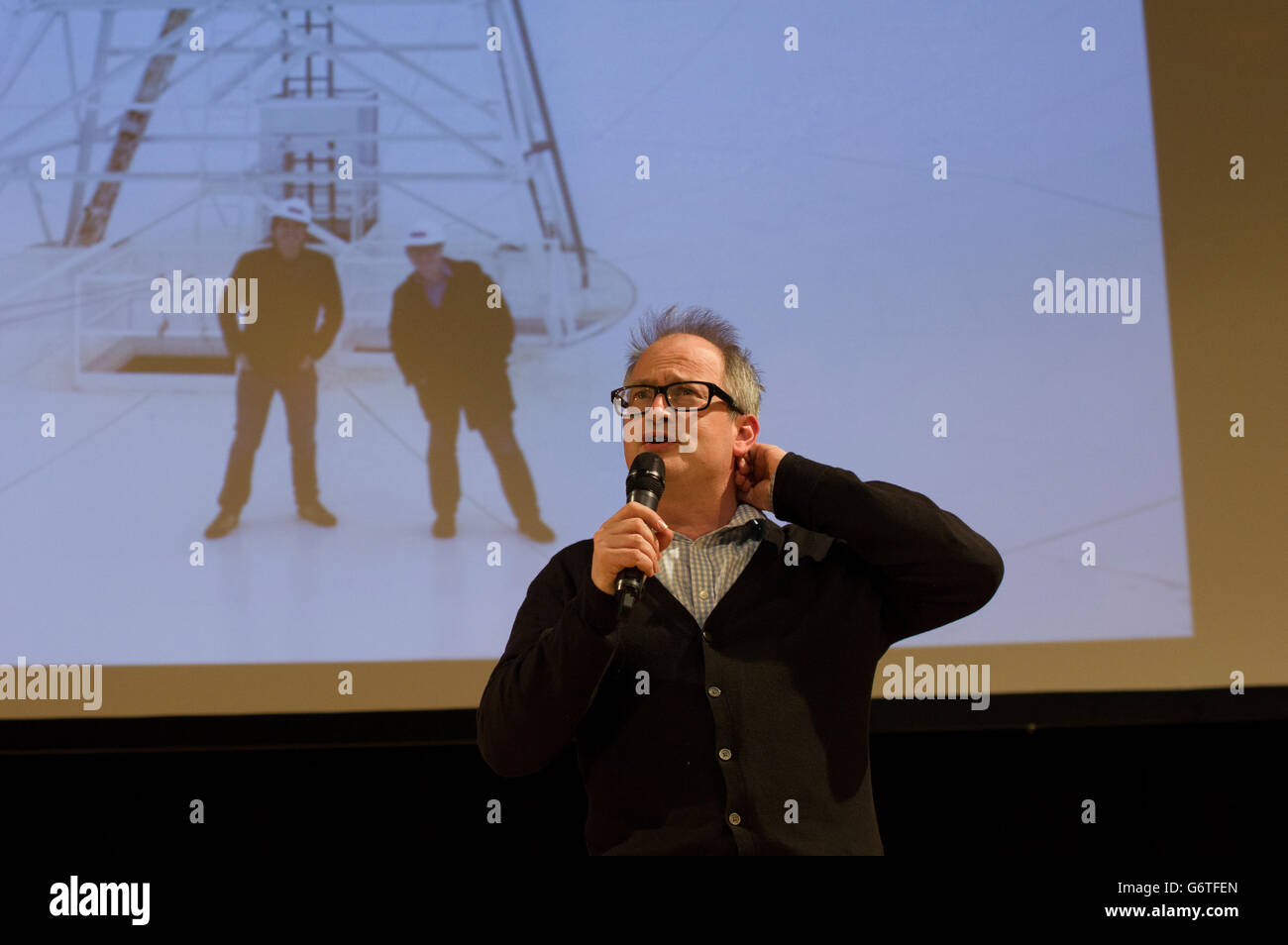 Robin Ince performing comedy on stage at the Stoke Newington Literary ...
