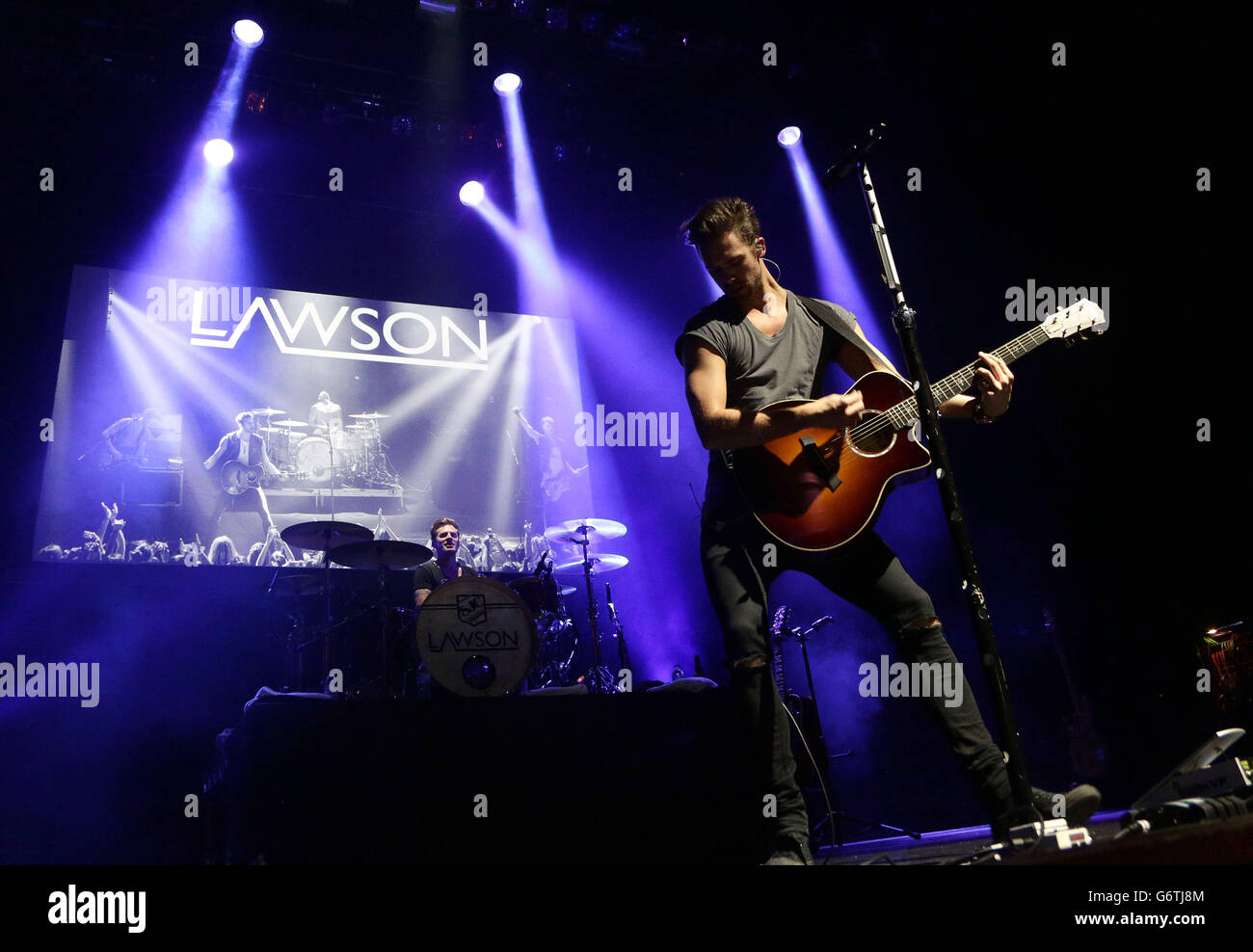Pop group Lawson performing on stage during the Charlton Athletic ...