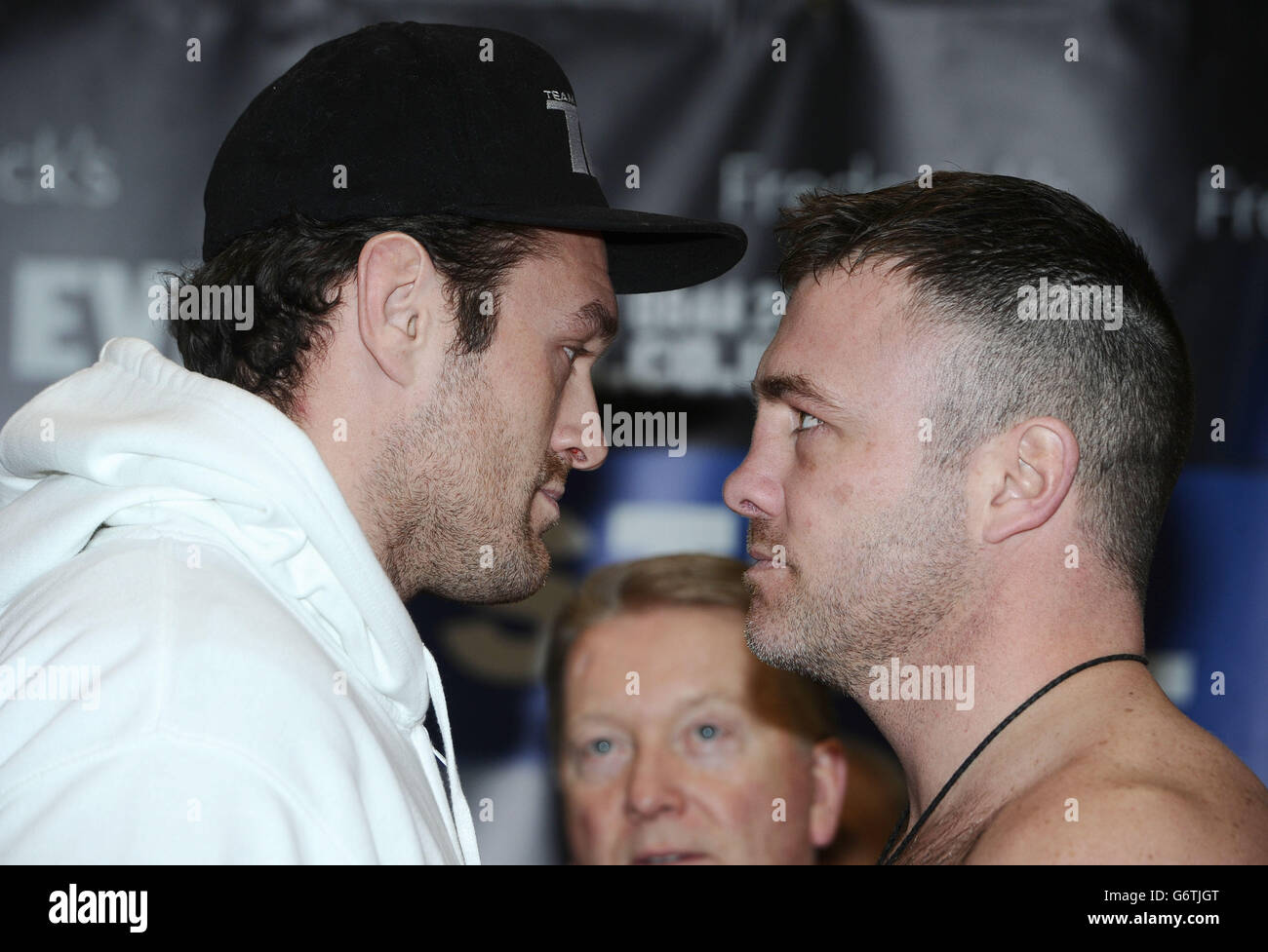 Tyson Fury (left) and America's Joey Abell (right) during the official ...