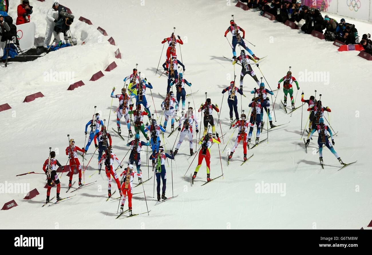 The start of the Women's 12.5km Mass Start Biathlon during the 2014 ...