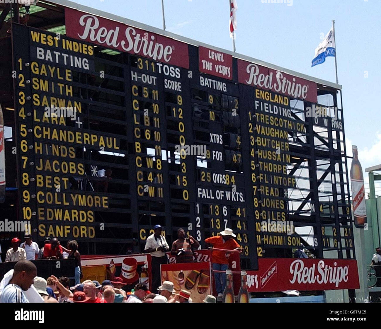 The scoreboard, during the fourth day of the 1st Test at Sabina Park ...