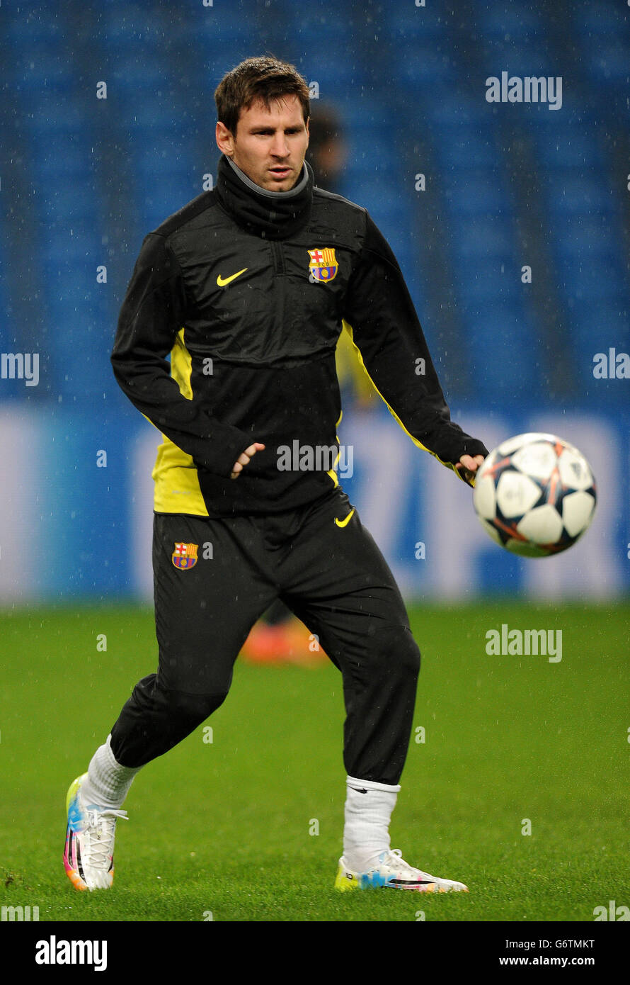 Barcelona's Lionel Messi, during the training session at the Etihad ...