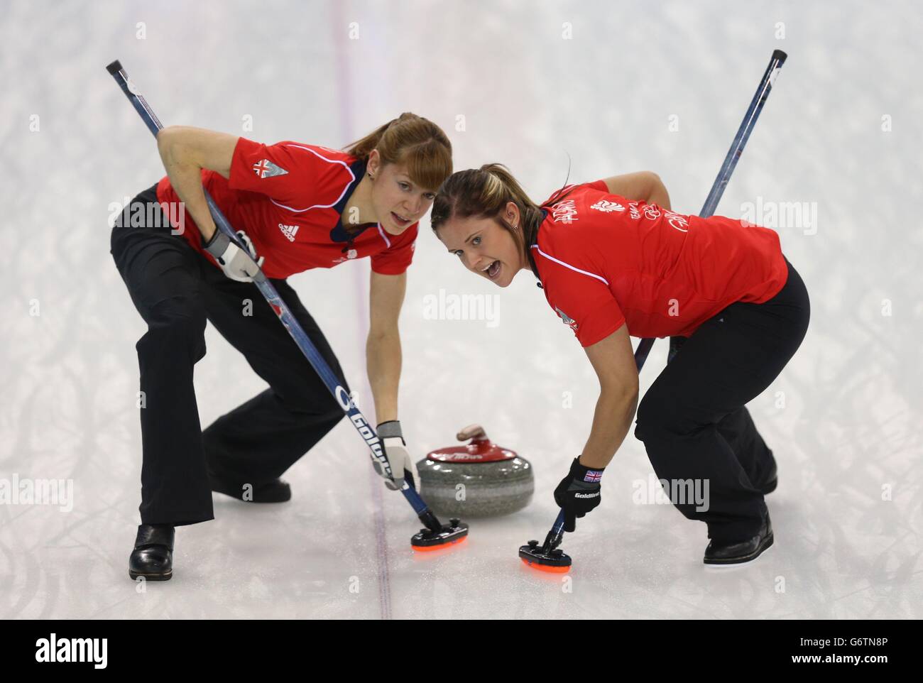 Great Britain Claire Hamilton (left) and Vicky Adams brush the ice in ...