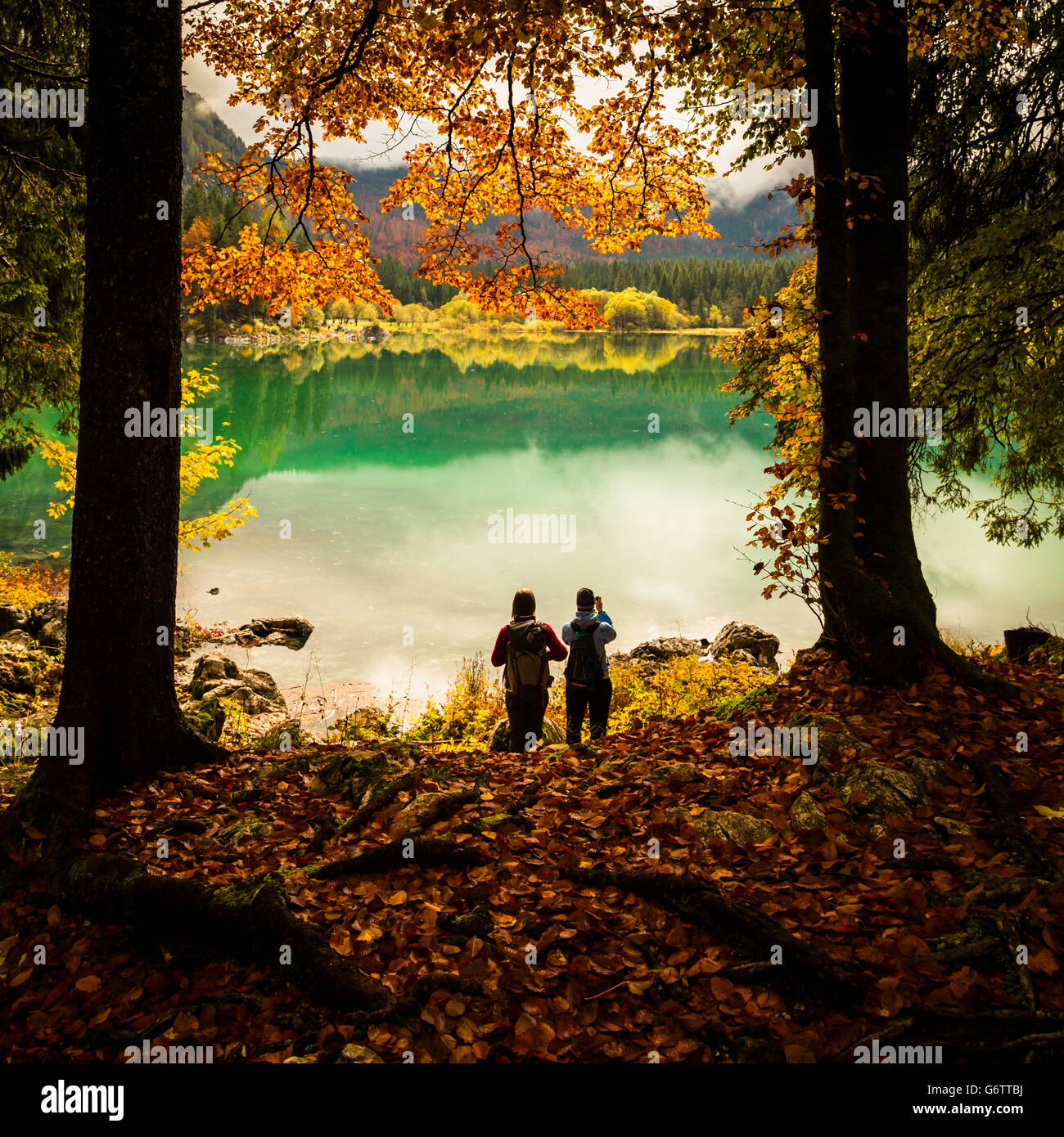 two girls walking in the forest in the italian alps Stock Photo - Alamy