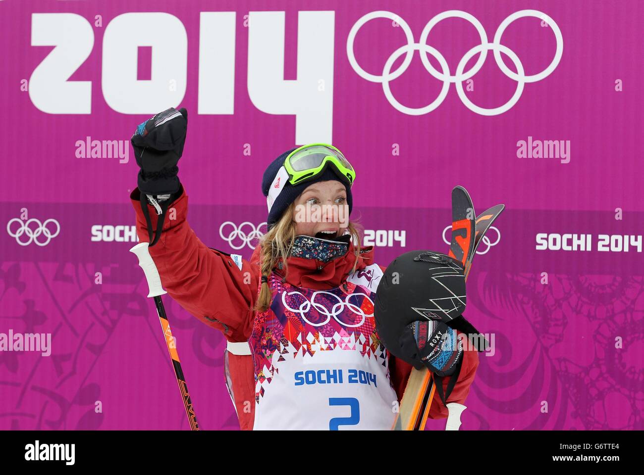 Canada's Dara Howell reacts after a good score in her first run of the ...