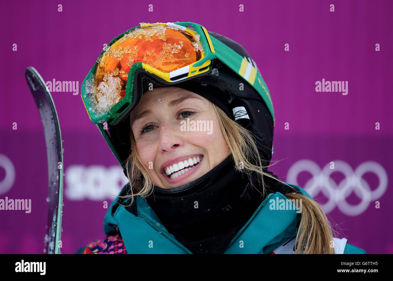 Australia's Anna Segal with snow on her goggles after falling during ...