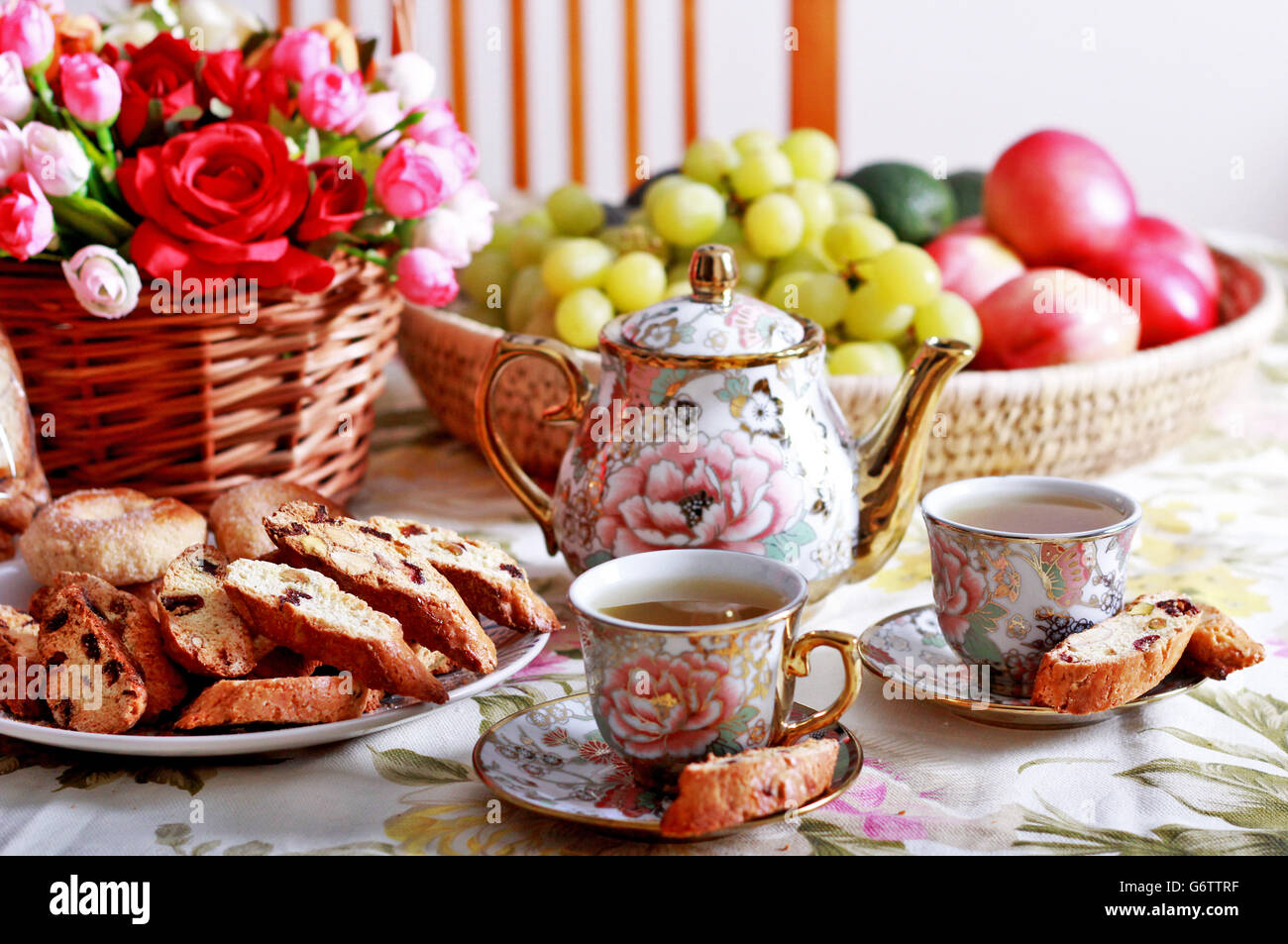 Teas set with a plate of sweet bread, cookies and fruits Stock Photo ...