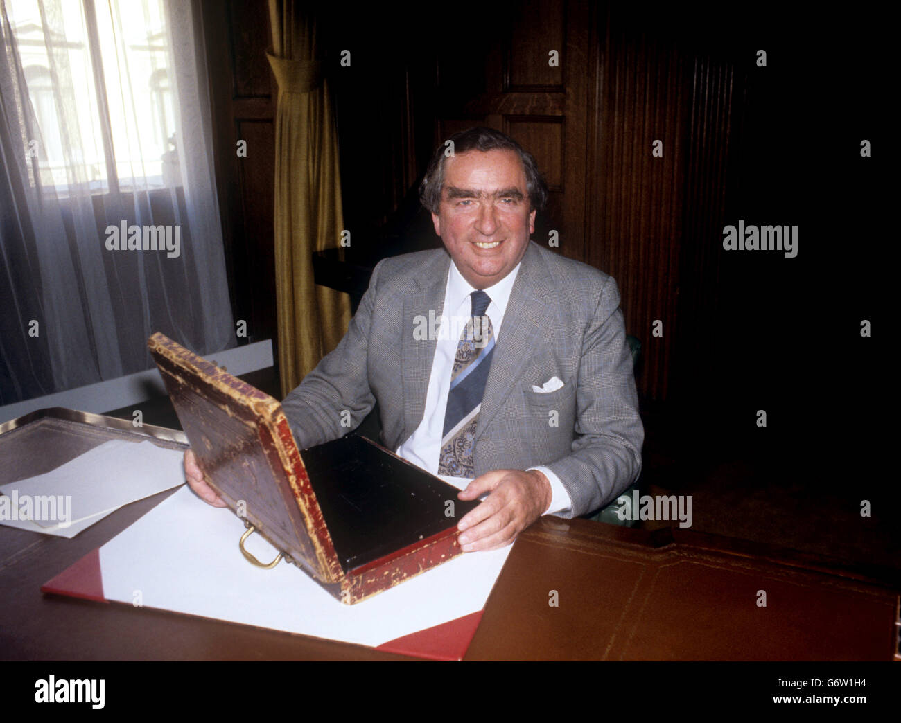 Denis Healey, with the open Budget Box, at the Treasury in London ...