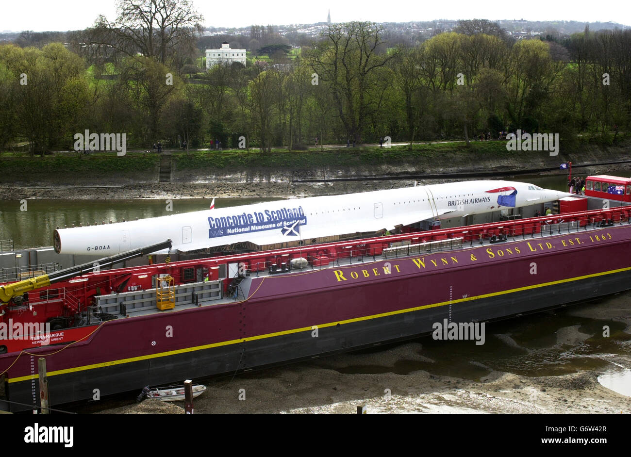 The last British Concorde on a barge by the River Thames at Isleworth ...