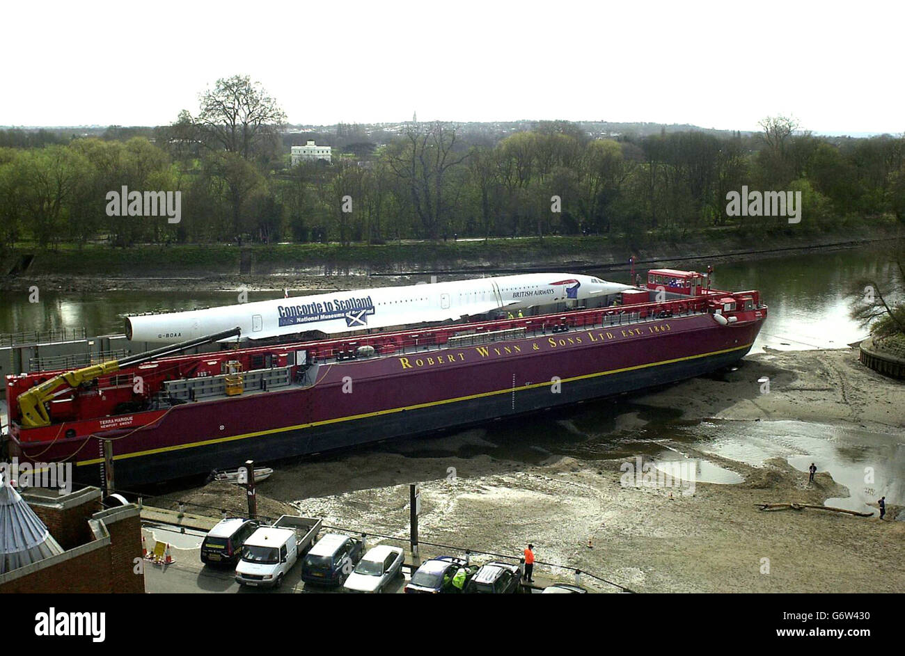 The last British Concorde on a barge by the River Thames at Isleworth ...