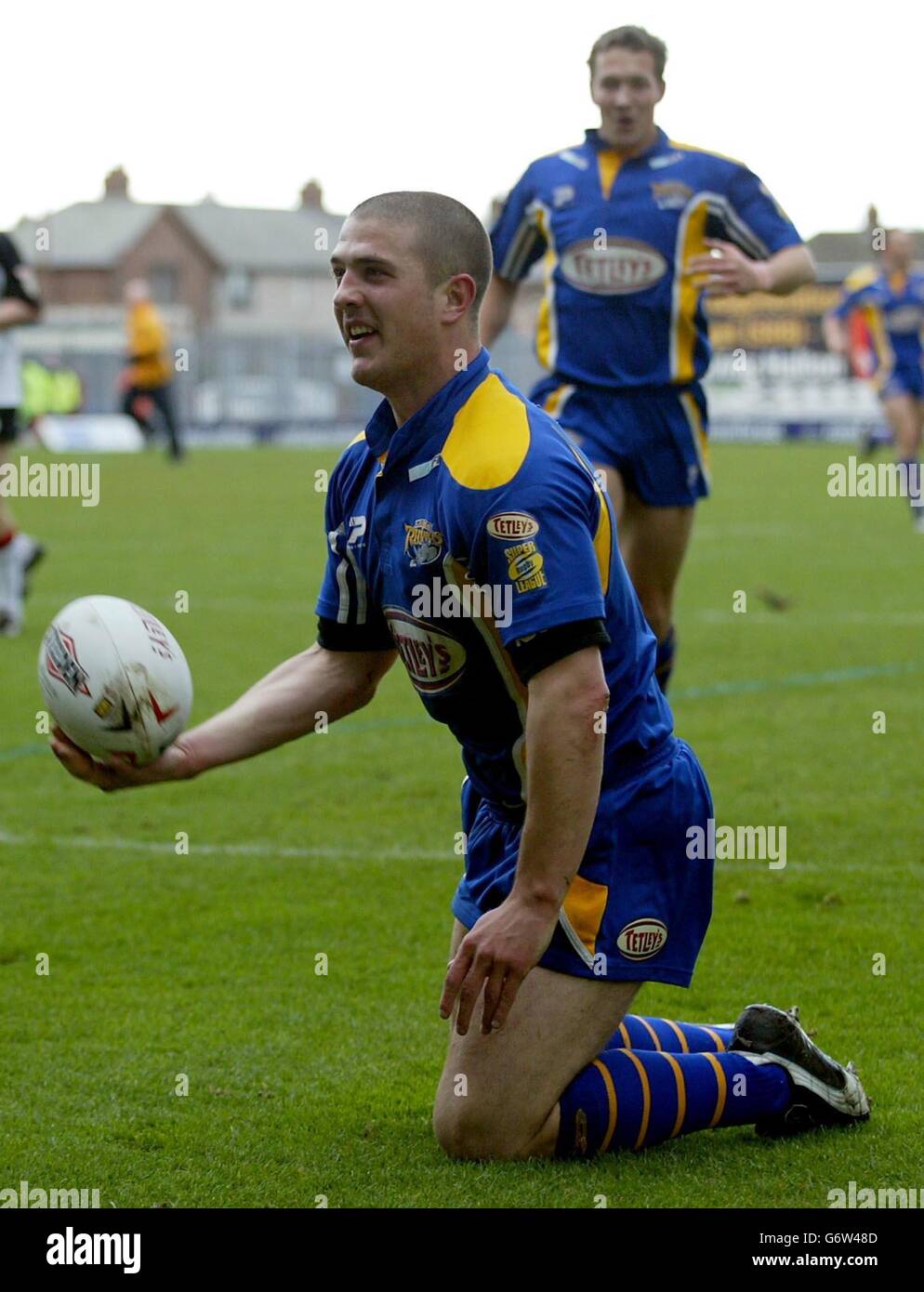 Leeds's Matt Diskin shows his delight as as he touches down for the ...