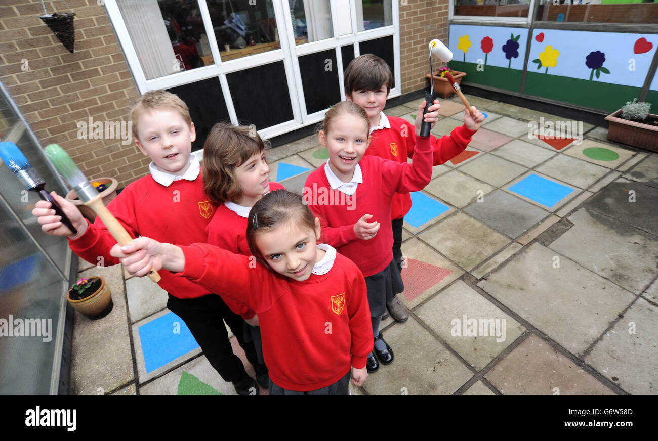 (Left to right) Pupils Jed Jackson, aged 7, Charlotte Farrow, aged 6 ...