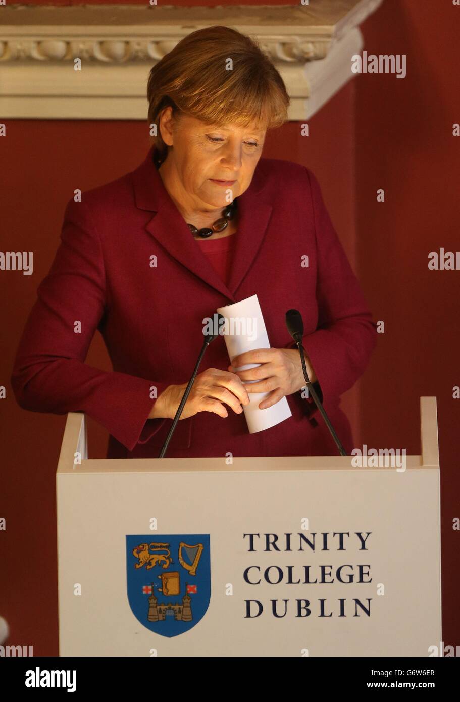 German Chancellor Angela Merkel at Trinity College in Dublin where she ...