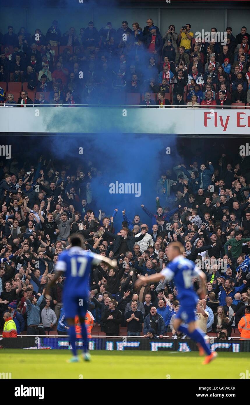 Everton fans celebrates with flares in the stands after Romelu Lukaku ...