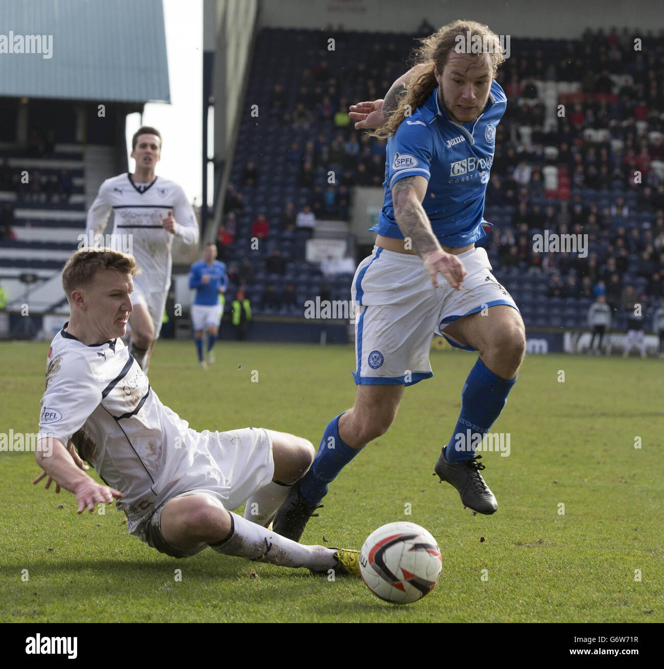 Raith Rovers Callum Booth (left) and St Johnstone's Stevie May battle ...