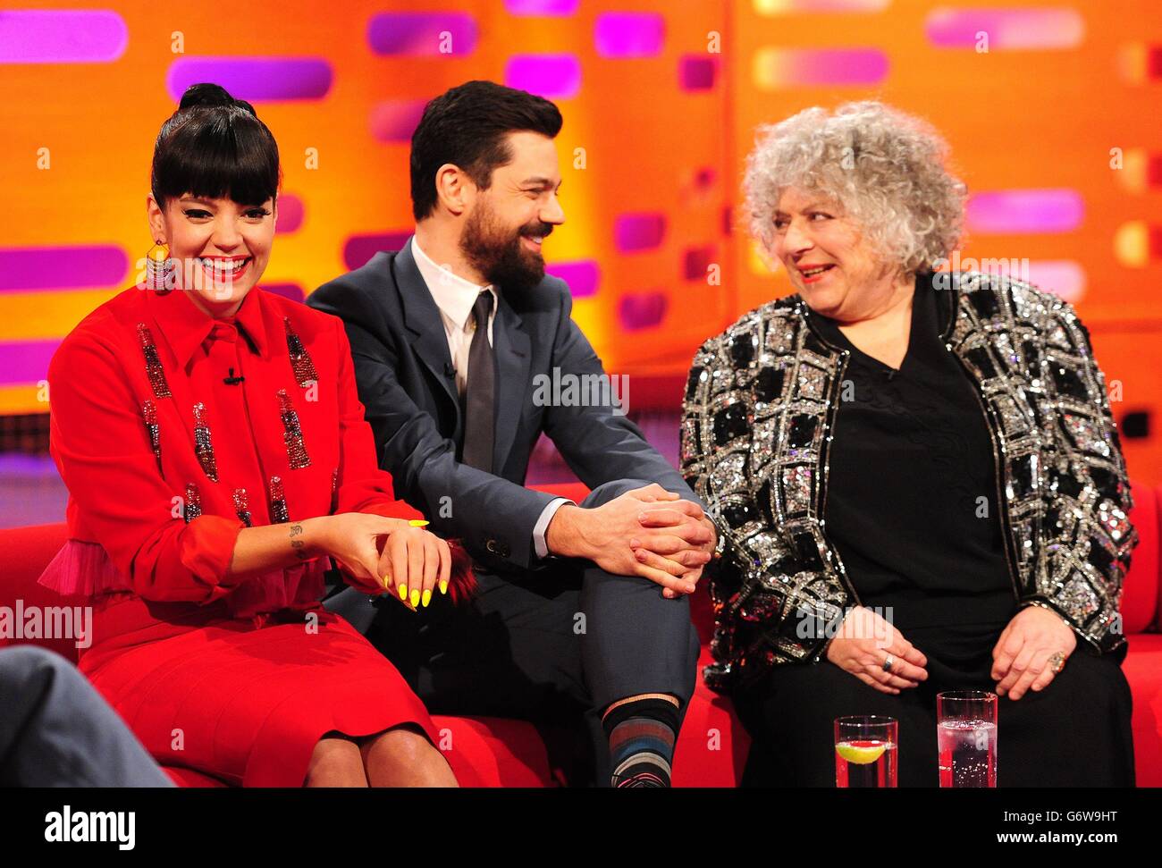 Lily Allen, Dominic Cooper and Miriam Margolyes during the filming of the Graham Norton Show at ...