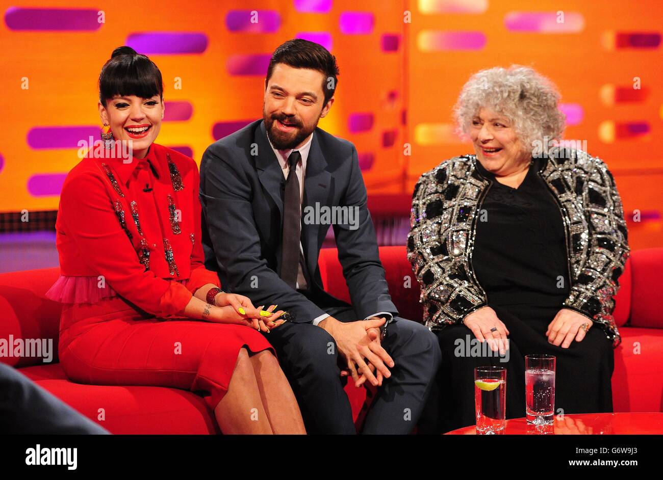 Lily Allen, Dominic Cooper and Miriam Margolyes during the filming of ...