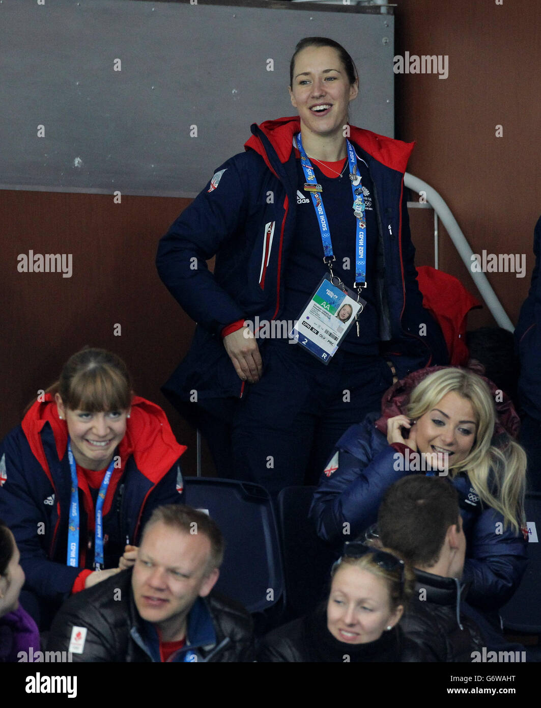 Great Britain's skeleton Gold medalist Lizzie Yarnold (centre) with ...